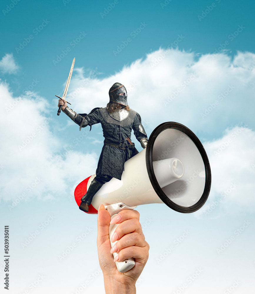 Contemporary art collage with medieval knight, warrior flying on ...