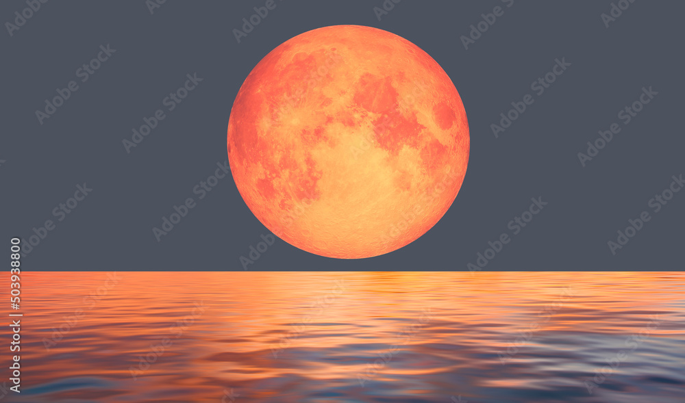 The Big bloody red moon is reflected in the waves of the sea "Elements ...