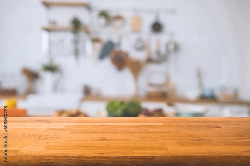 Wood table top with blur kitchen counter backgrounds for montage ...