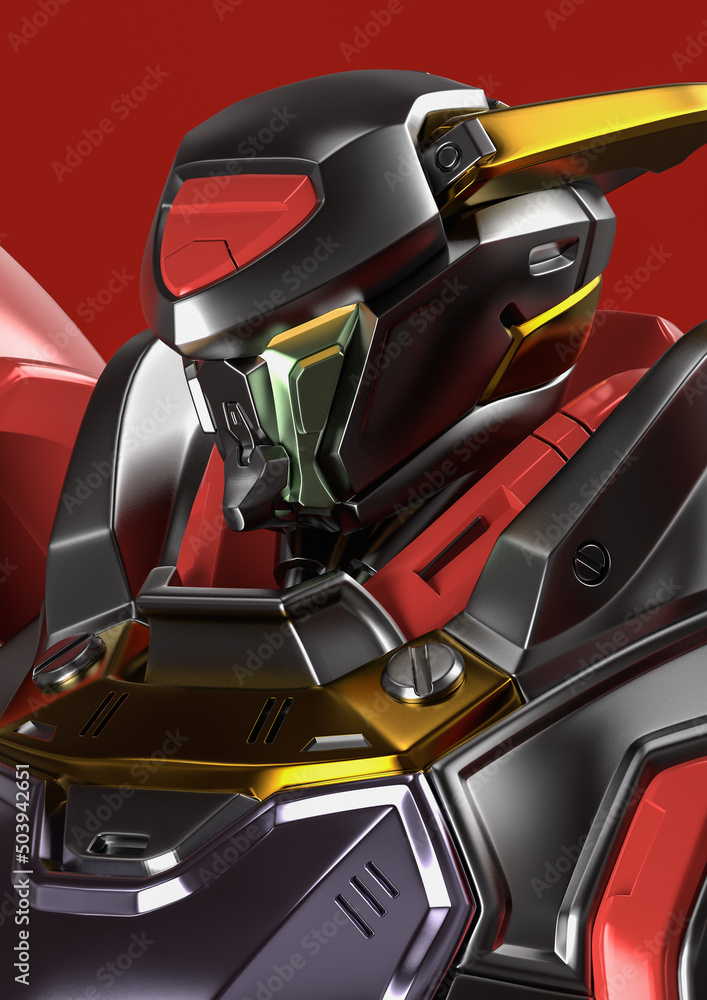 Portrait of a mechanical samurai warrior with glowing yellow eyes ...