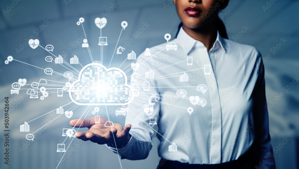 Cloud computing concept. Modern city and communication network ...