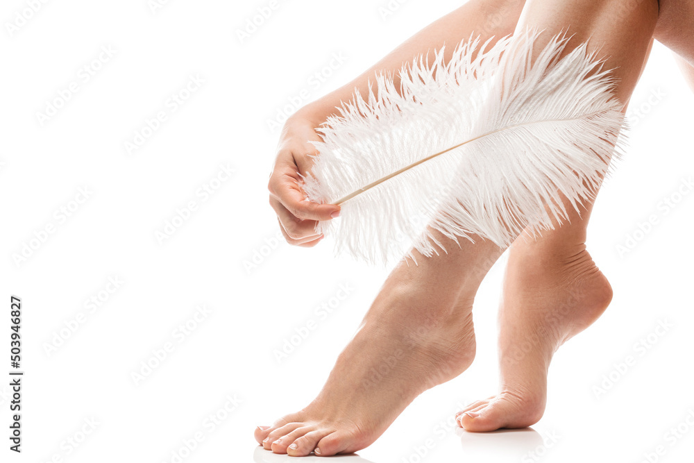Female feet with smooth skin and soft ostrich feather on white ...