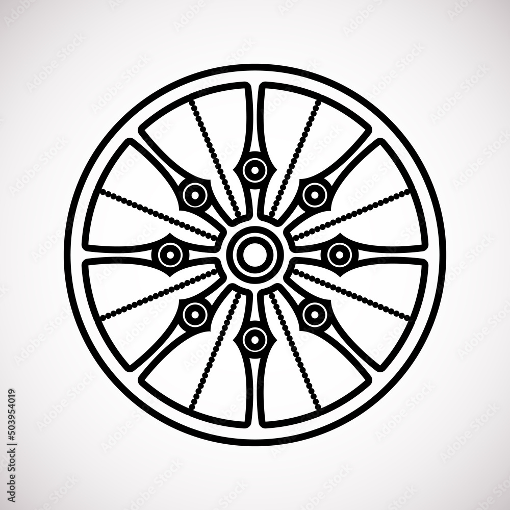 Dharmachakra (Dharma Wheel) symbol in Buddhism. Black and white line ...