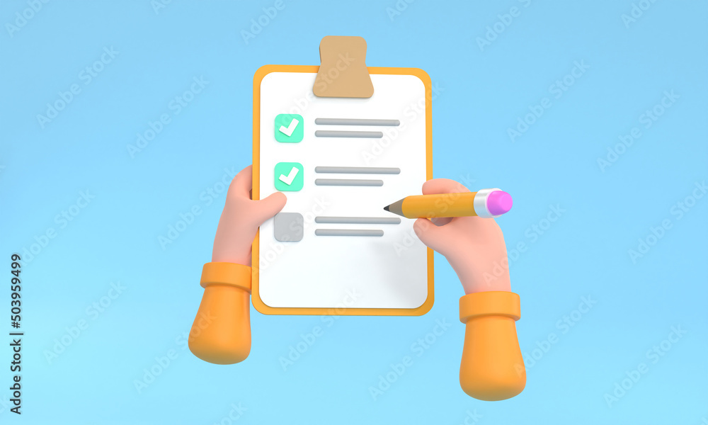 3D. Hand signing document. Hand filling checklist on clipboard. Stock ...