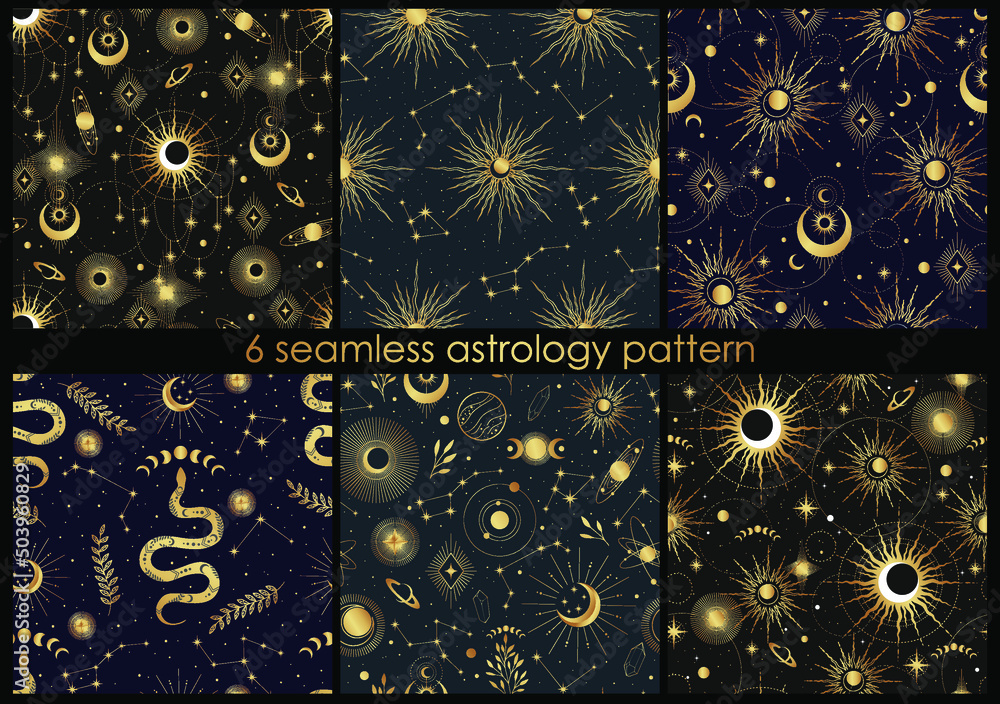 Set of vector magic seamless pattern with constellations, sun, moon and ...