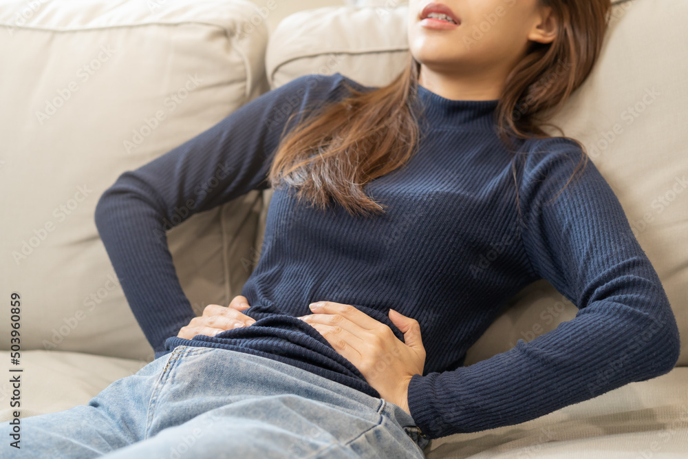 Photo Flatulence asian young woman, girl hand in stomach ache, suffer ...