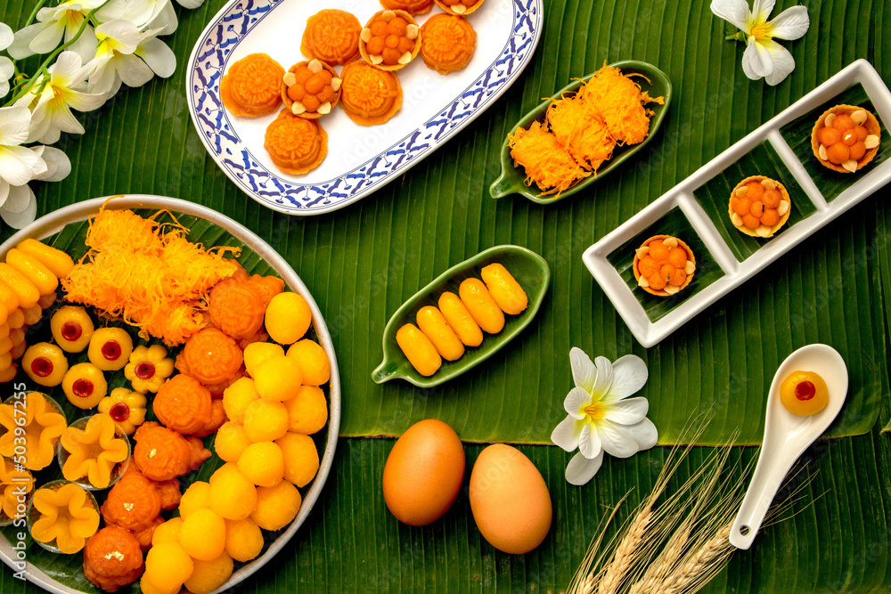 Thai traditional dessert concept, Assorted thai desserts served in a ...