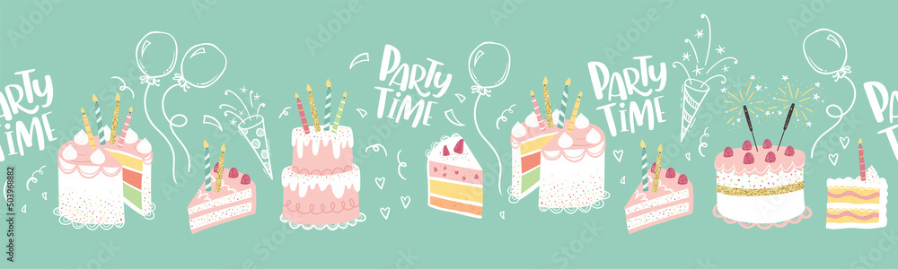Fun hand drawn party seamless background with cute decorated cakes ...