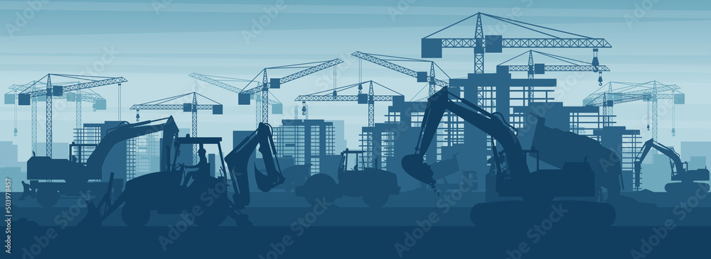 Panoramic background of heavy machinery such as excavator, backhoe ...