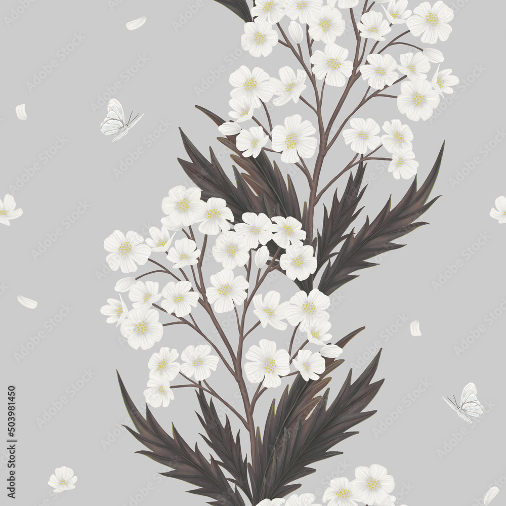 Delicate floral design. Pattern with white flowers and butterflies on a ...