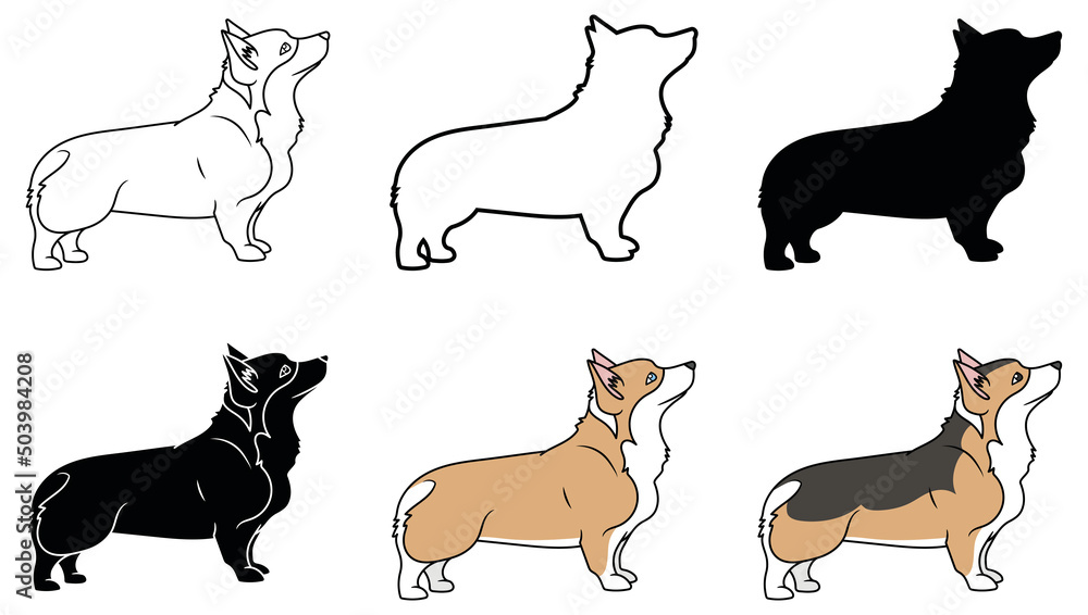 Corgi Dog Clipart Set - Outline, Silhouette and Color Stock Vector ...