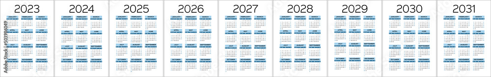 Calendar set from 2023 to 2031 year. Color vector pocket calender ...