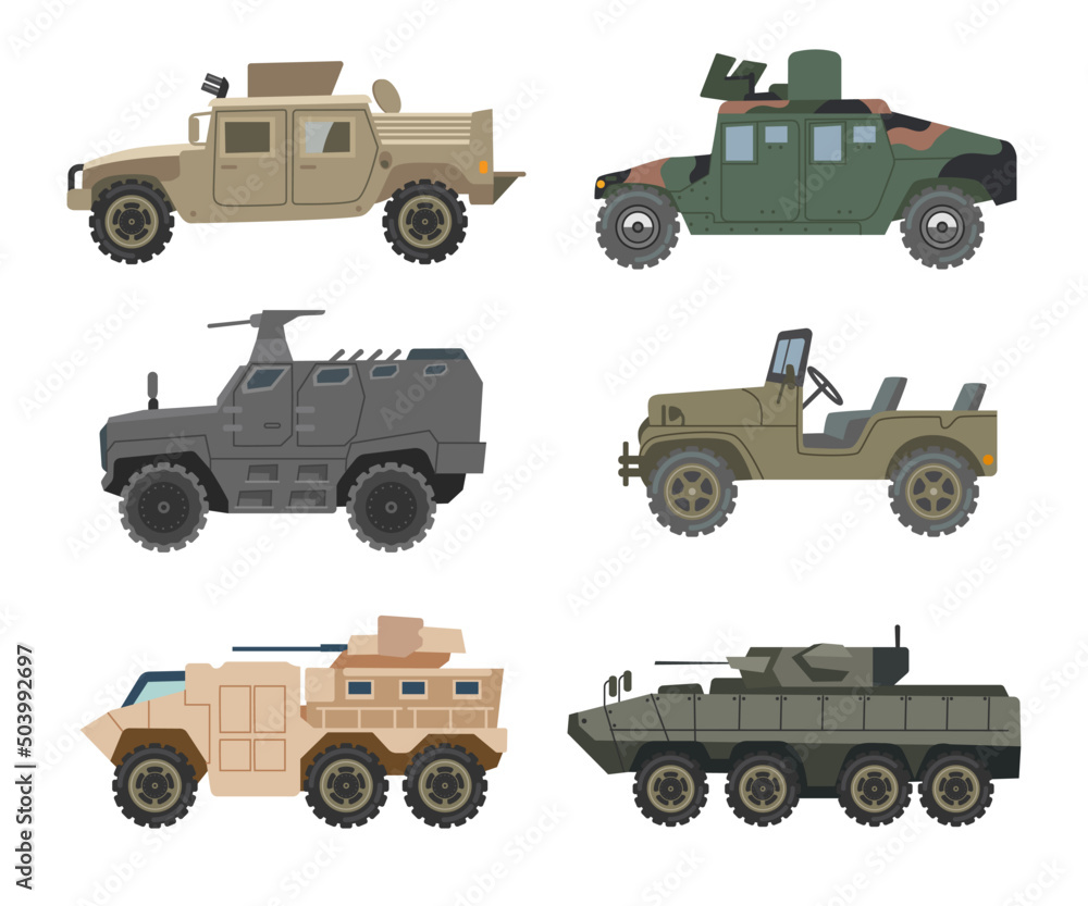 Different military vehicles vector illustrations set. Collection of ...