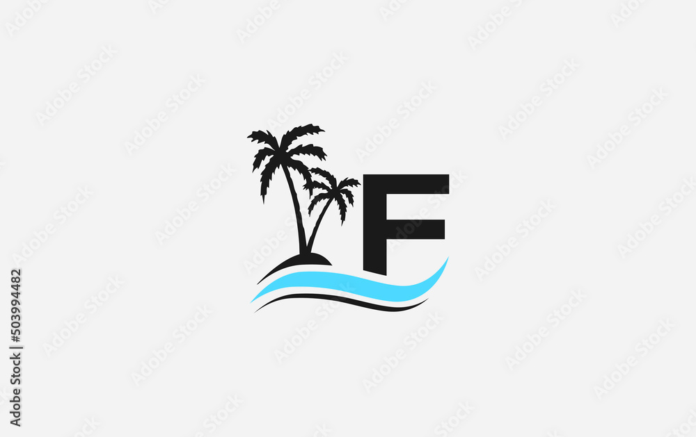 Nature water wave and beach tree vector logo design with the letter and ...