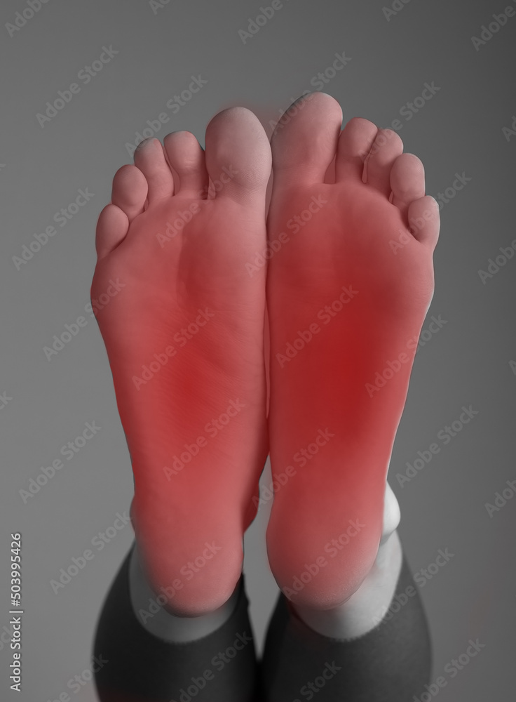 Foot pain. Woman feet with red point. Arthritis, gout, tendinitis ...