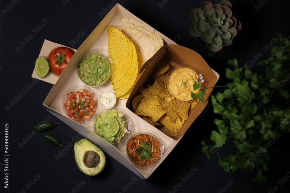 Mexican food box, tex mex, Taco, chili, tortilla, nachos chips, cheddar ...