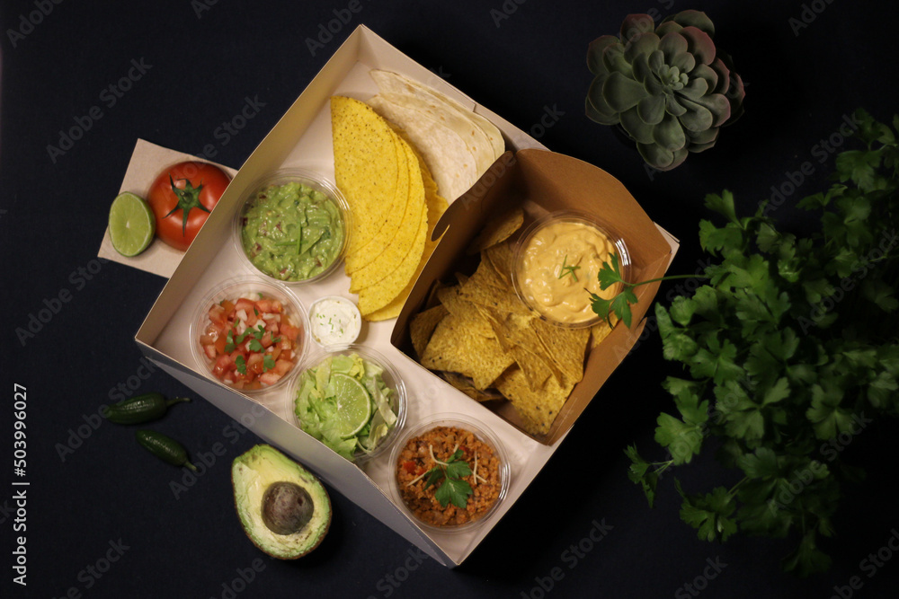 Mexican food box, tex mex, Taco, chili, tortilla, nachos chips, cheddar ...