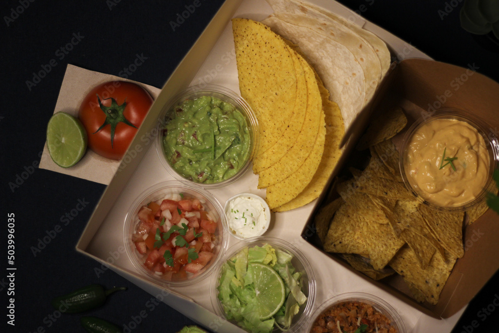 Mexican food box, tex mex, Taco, chili, tortilla, nachos chips, cheddar ...