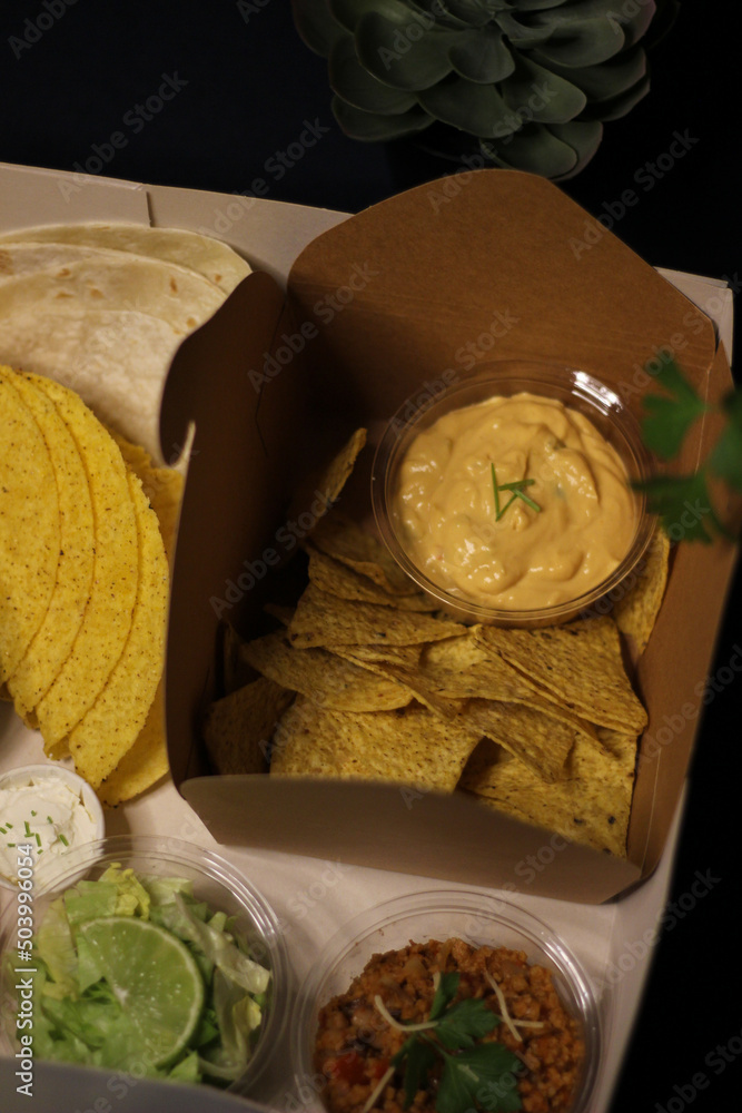 Mexican food box, tex mex, Taco, chili, tortilla, nachos chips, cheddar ...
