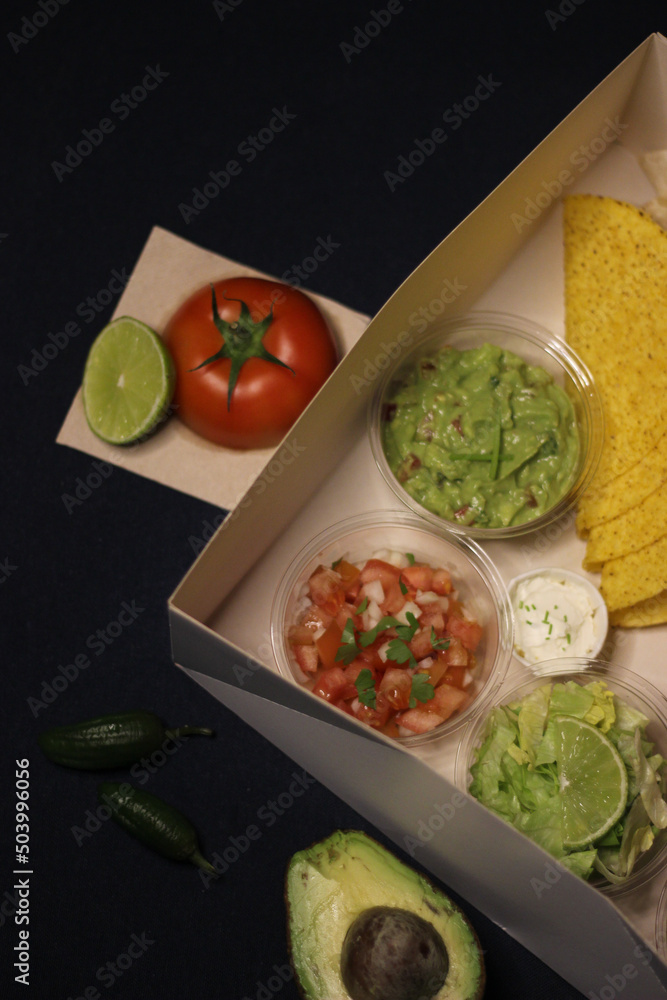 Mexican food box, tex mex, Taco, chili, tortilla, nachos chips, cheddar ...