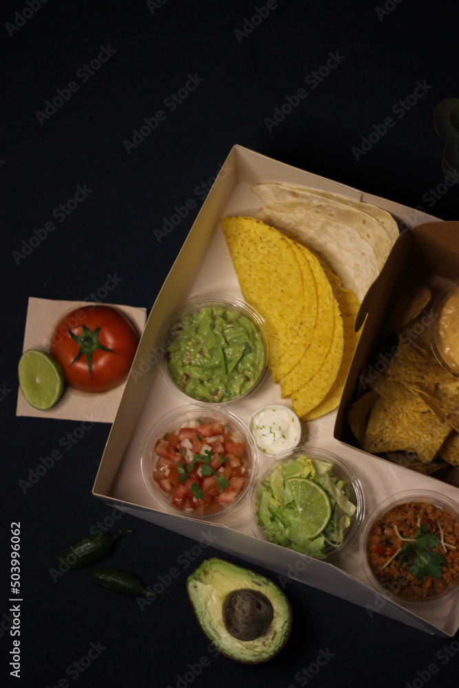 Mexican food box, tex mex, Taco, chili, tortilla, nachos chips, cheddar ...