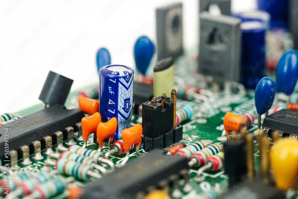 Electronic and Resistor component capacitor on a printed circuit board ...