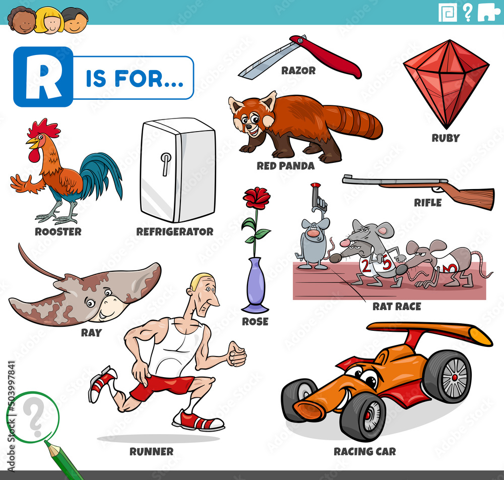 letter r words educational set with cartoon characters Stock Vector ...