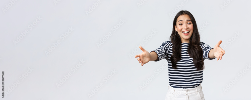 Lifestyle, people emotions and casual concept. Friendly charming asian ...