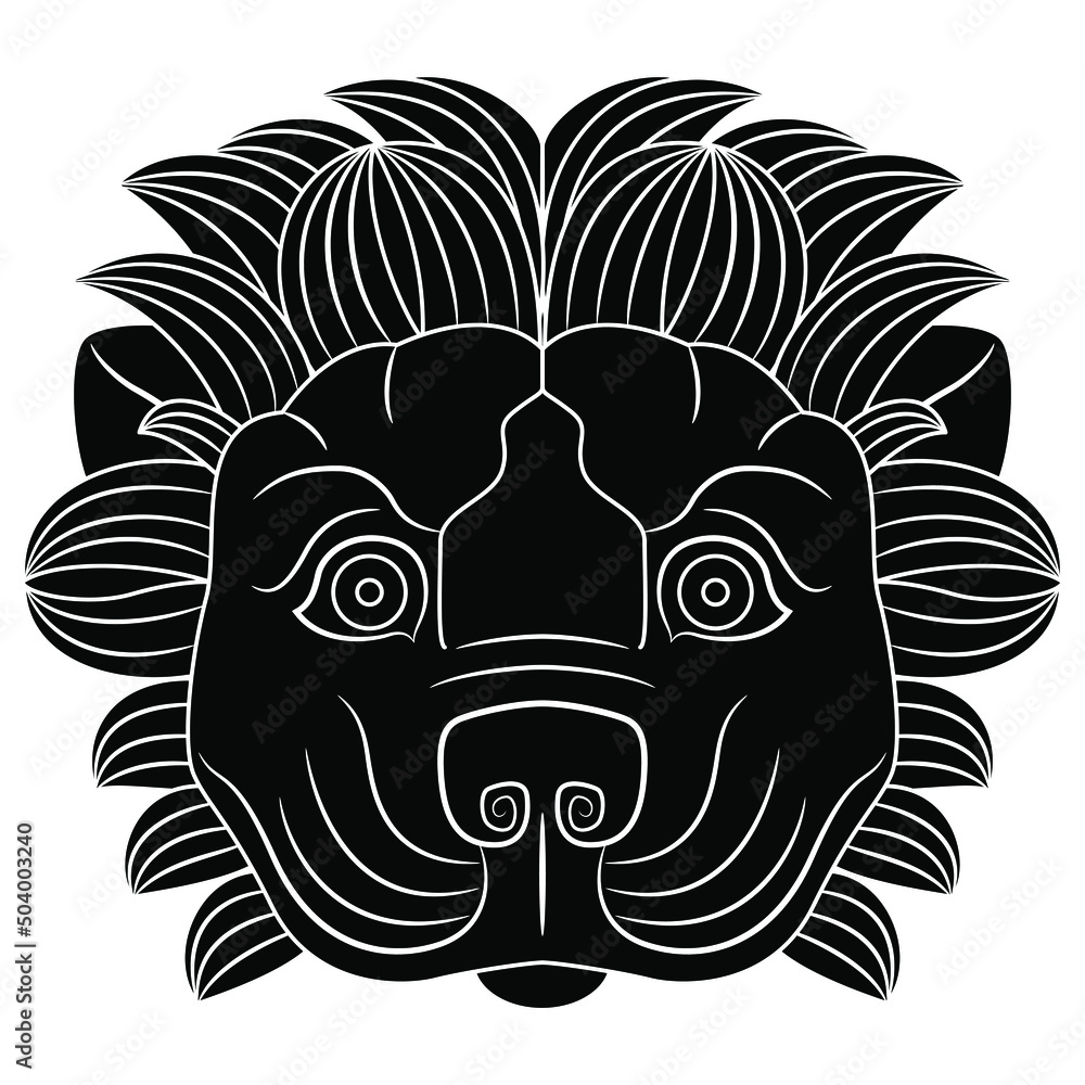 Stylized funny face of a lion. Feline mask. Black and white negative ...