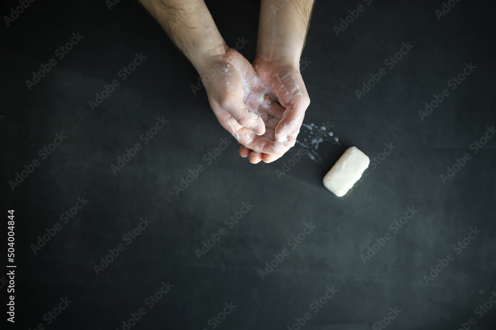 Bare hands in soapy foam. Hand hygiene. Wash your hands. Disinfection ...