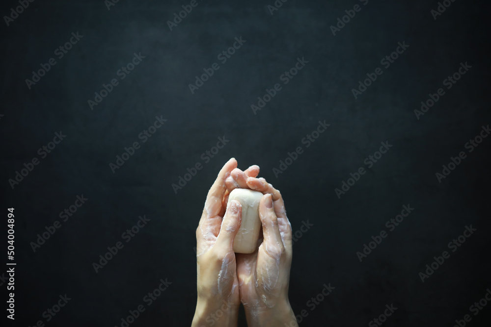 Bare hands in soapy foam. Hand hygiene. Wash your hands. Disinfection ...