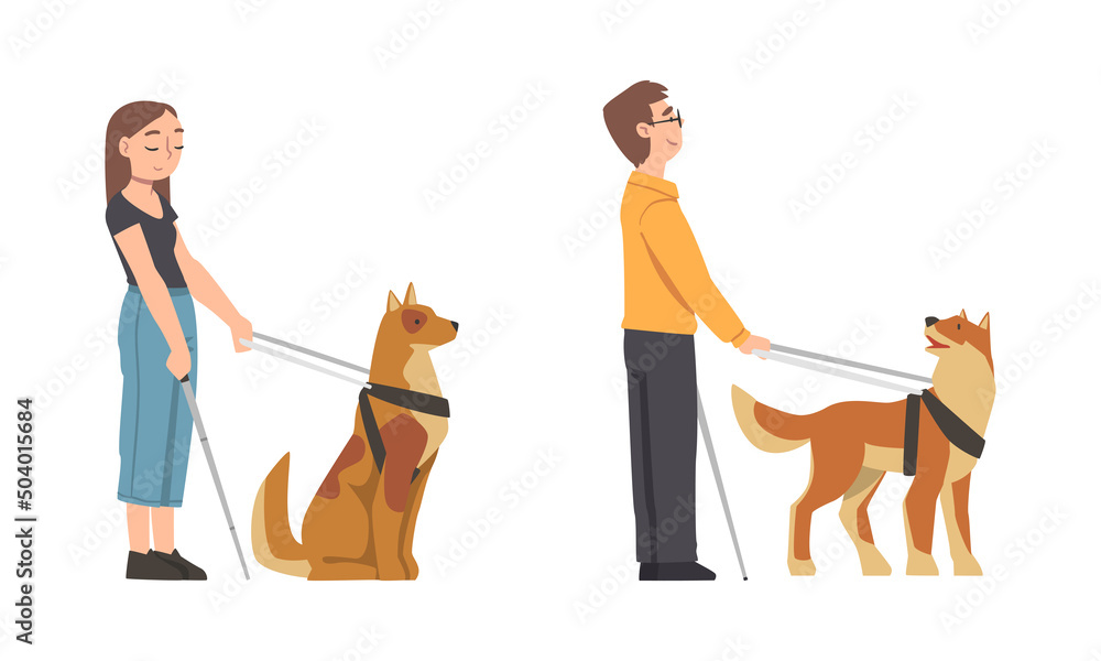 Guide Dog with Blind Man and Woman as Trained Assistance Pet and Seeing ...