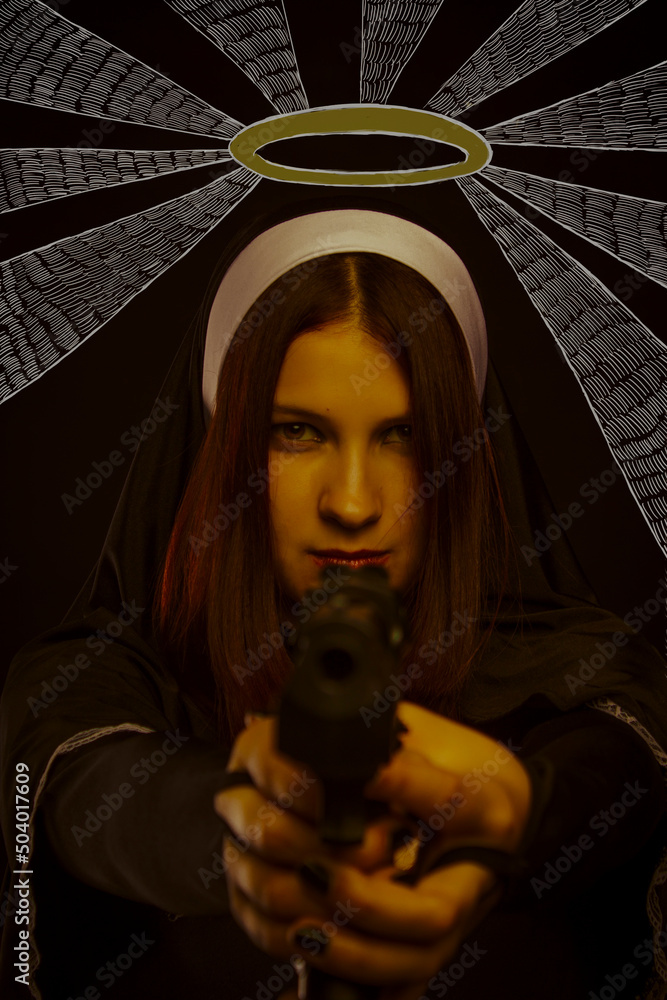 Nun with gun Stock Photo | Adobe Stock