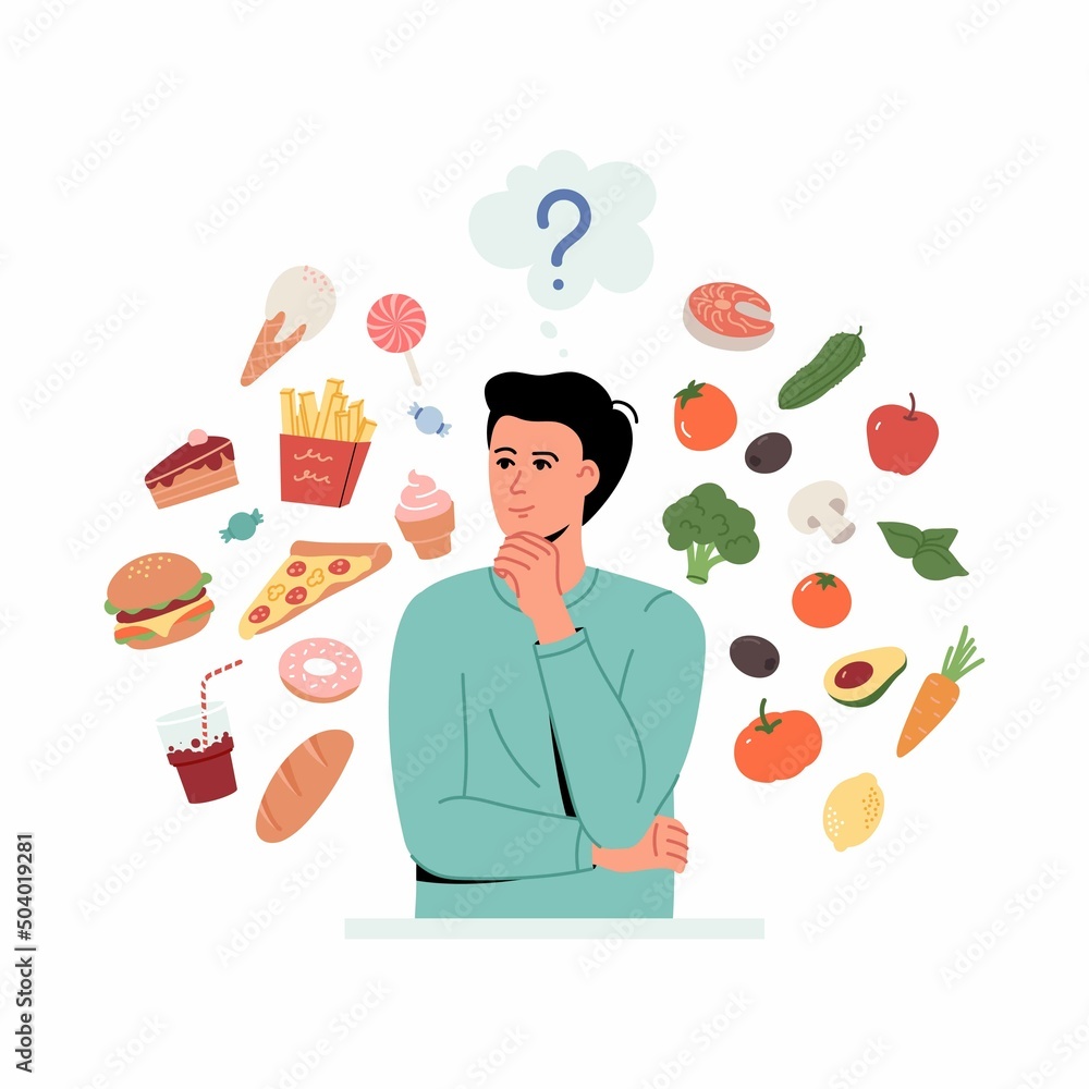 Man think about healthy and unhealthy food. Vector illustration of ...