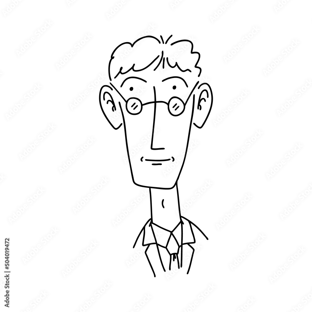 Intelligent face portrait. Doodle character man with glasses. Hand ...