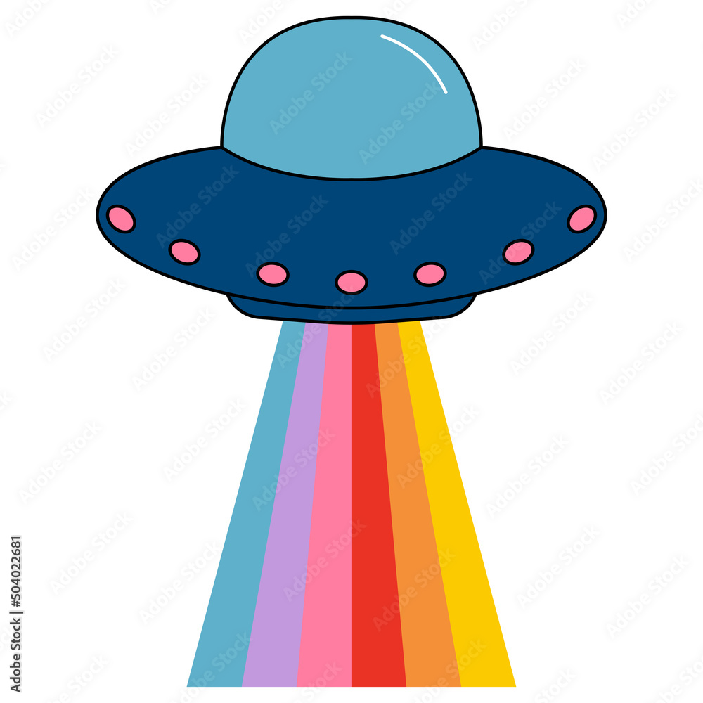 Cartoon UFO with a rainbow on white background. Aliens spaceship ...