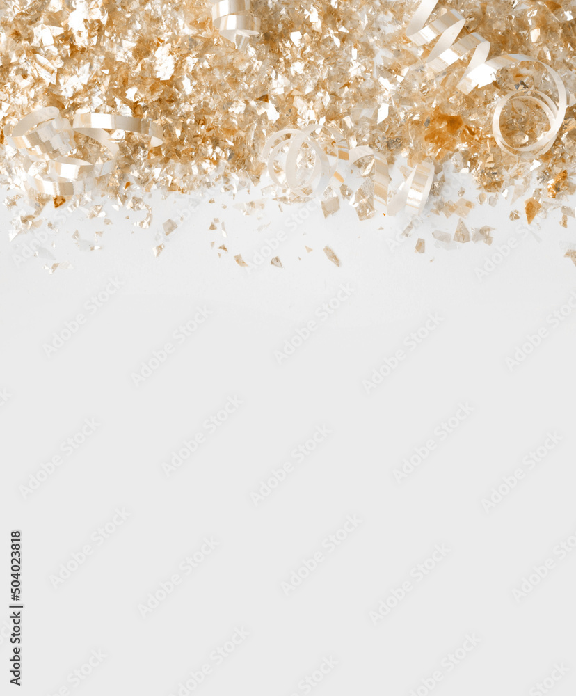 Gold Metallic Confetti and Paper Swilrls on a White Background.Simple ...