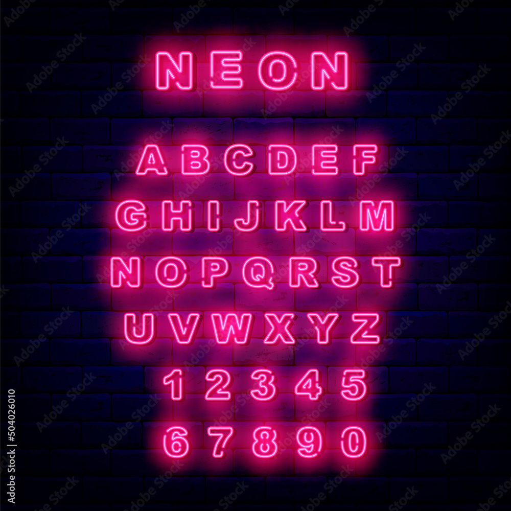 Bright pink alphabet. Night brick wall background. Neon inscription ...