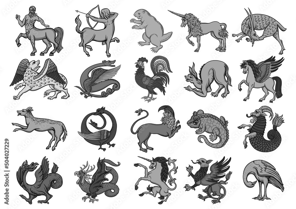 Heraldic mythical animals and creatures. Traditional character styles ...