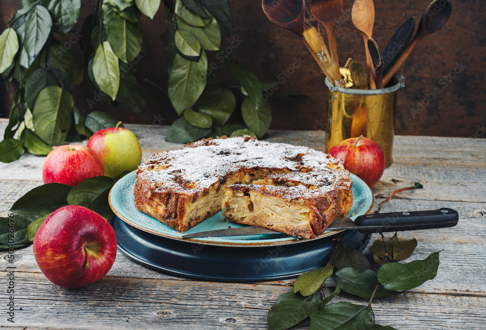 Traditional Sicilian apple pie torta di mele cremosa with icing sugar ...