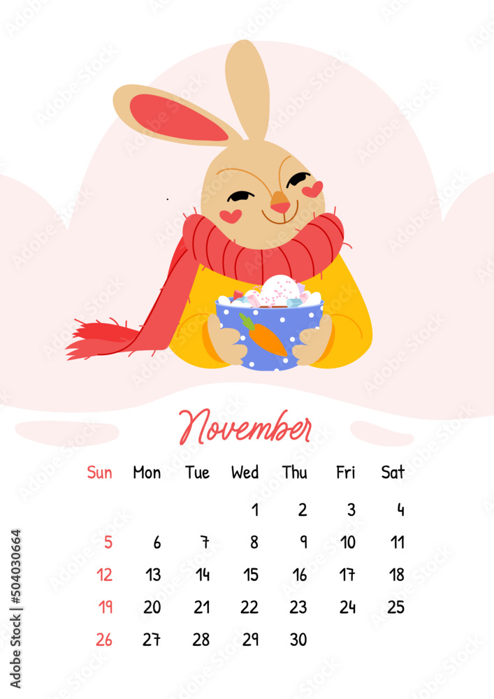 Vertical vector calendar for November 2023 with cute rabbit with cup of ...