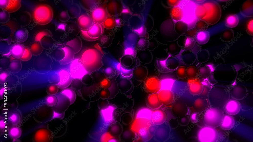 Abstract neon background with spinning spheres randomly blinking neon ...