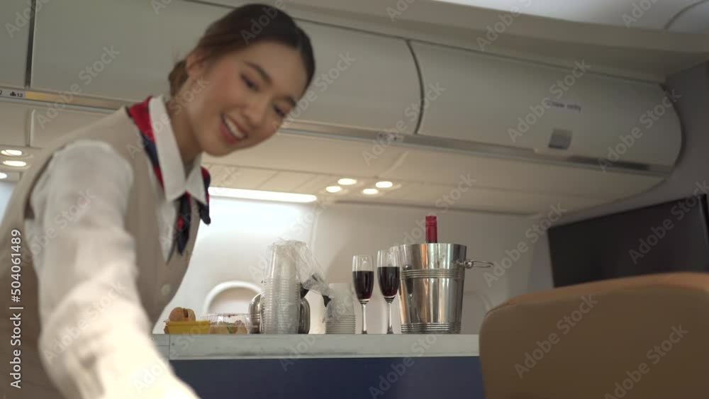 Flight attendant - cabin crew serving a food and beverage. Stock 비디오 ...