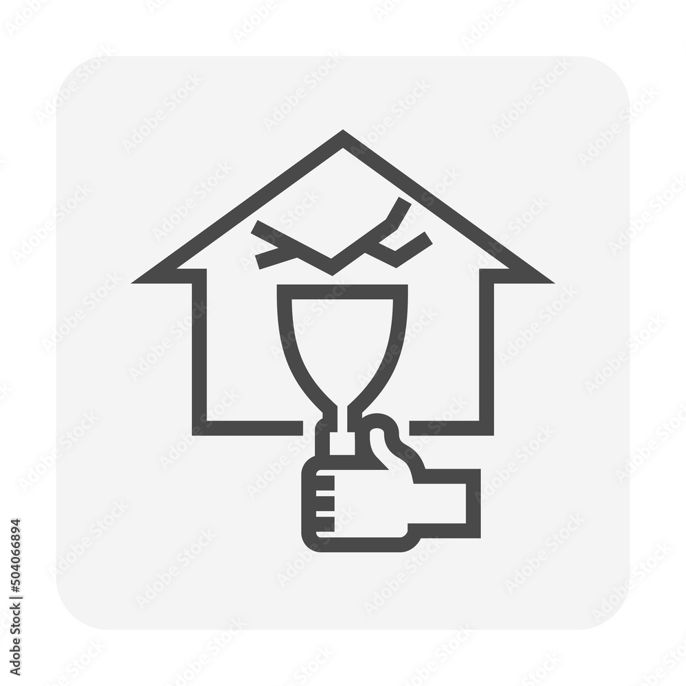 Concrete wall crack and repair vector icon. Include hand of worker or ...
