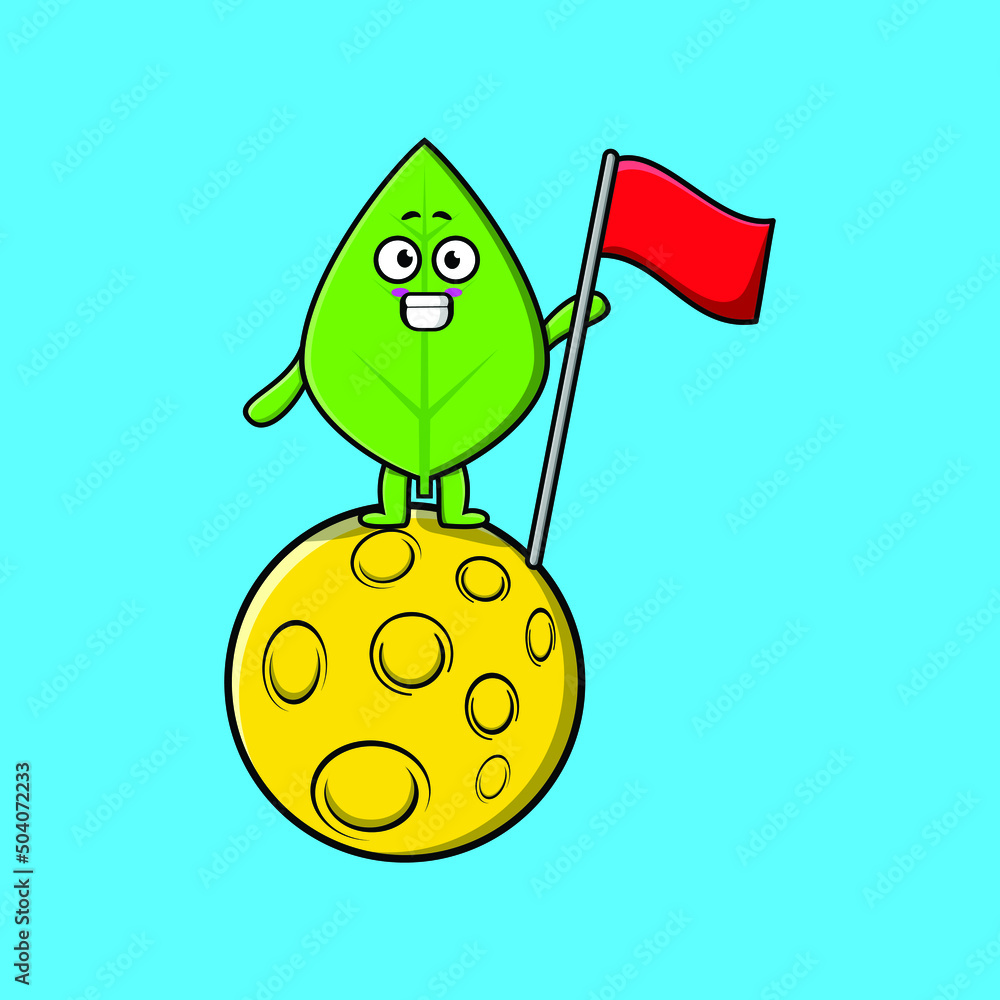 Cute cartoon Green leaf character standing on the moon with flag in 3d ...