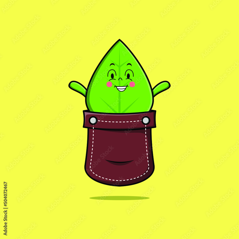 Cute cartoon green leaf character coming out from pocket look so happy ...