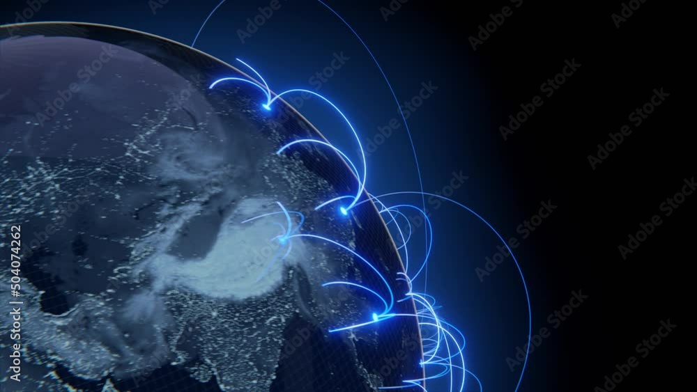 Tech earth globalization in 3d animation. Global Business dots on ...