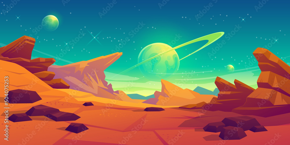 Vetor de Mars surface, alien planet landscape. Space game background ...