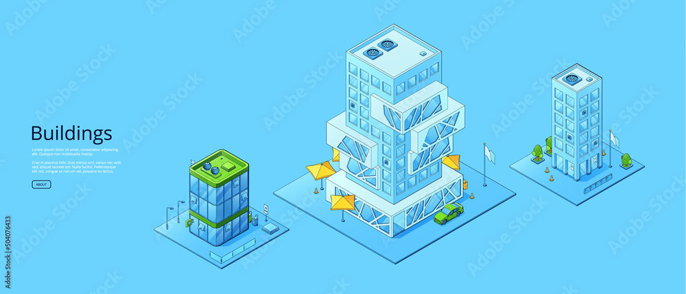 Buildings banner with isometric modern office, hotel and store. Vector ...