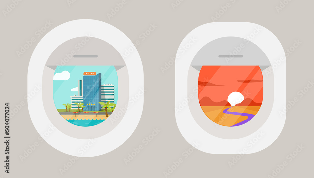 Plane window view flat vector or airplane porthole with travel city ...